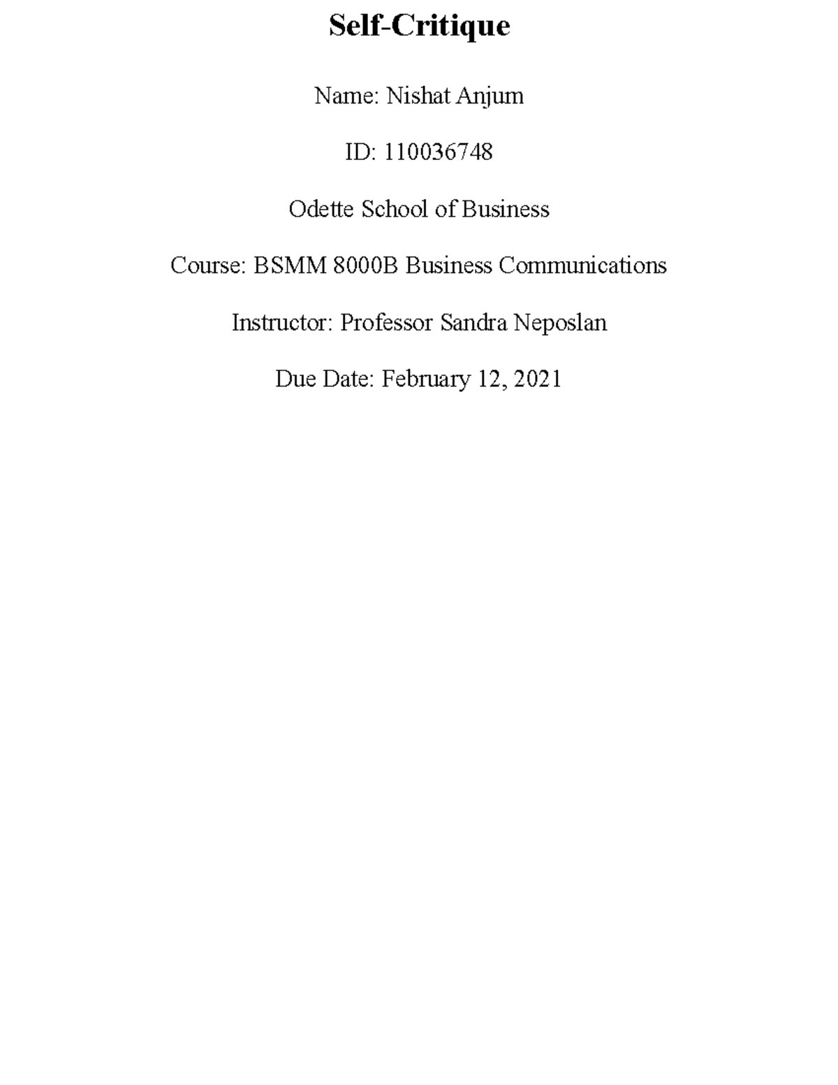 Self-critique for Presentation and Writing - Self-Critique Name: Nishat ...