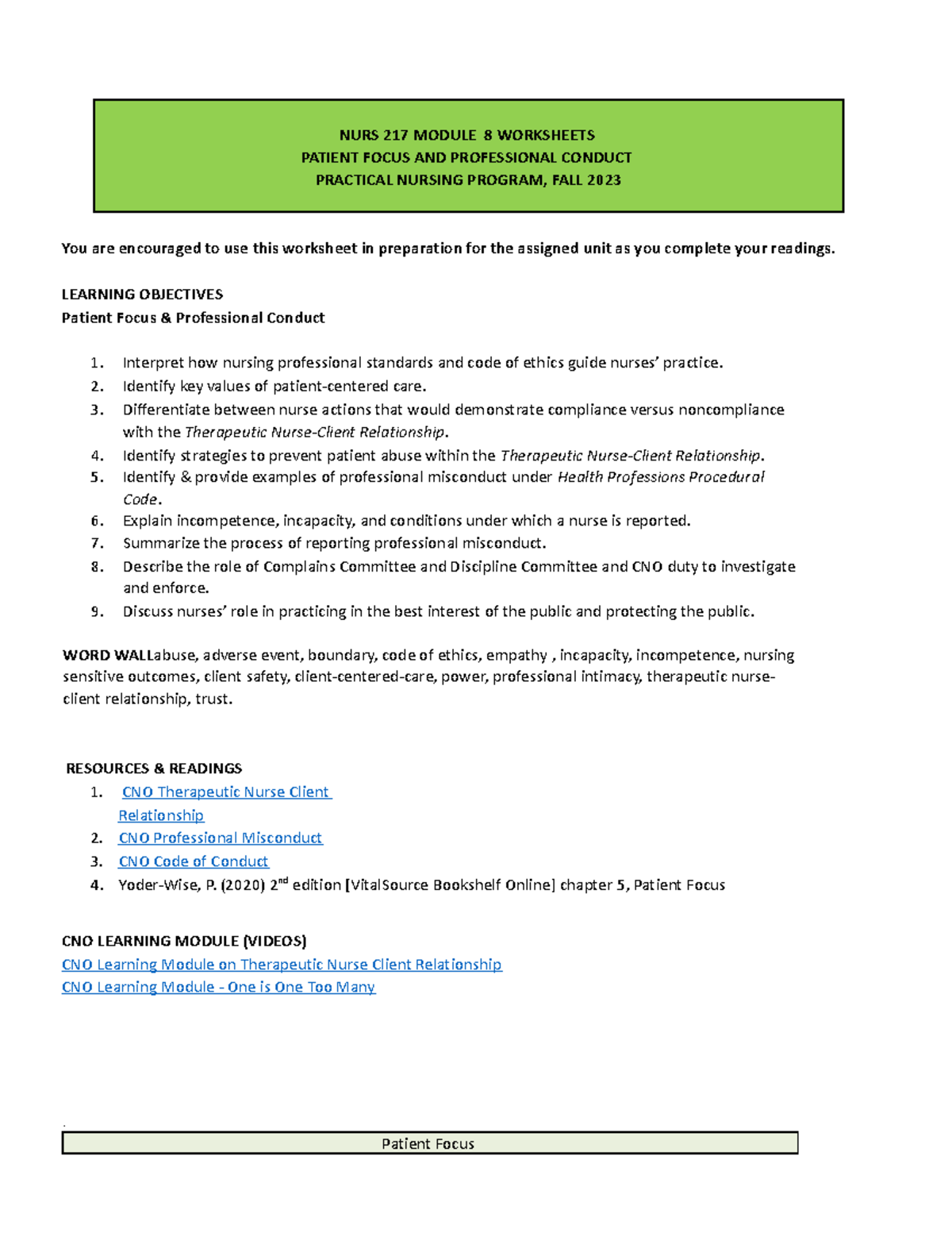 Module 8 Conduct Worksheet 2023 - NURS 217 MODULE 8 WORKSHEETS PATIENT ...