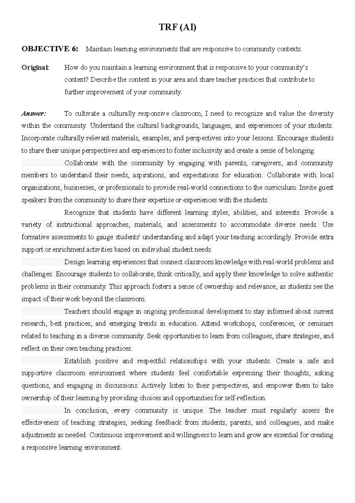 TRF(AI) - Teacher's Reflection Form Sample (IPCR) - TRF (AI) OBJECTIVE ...