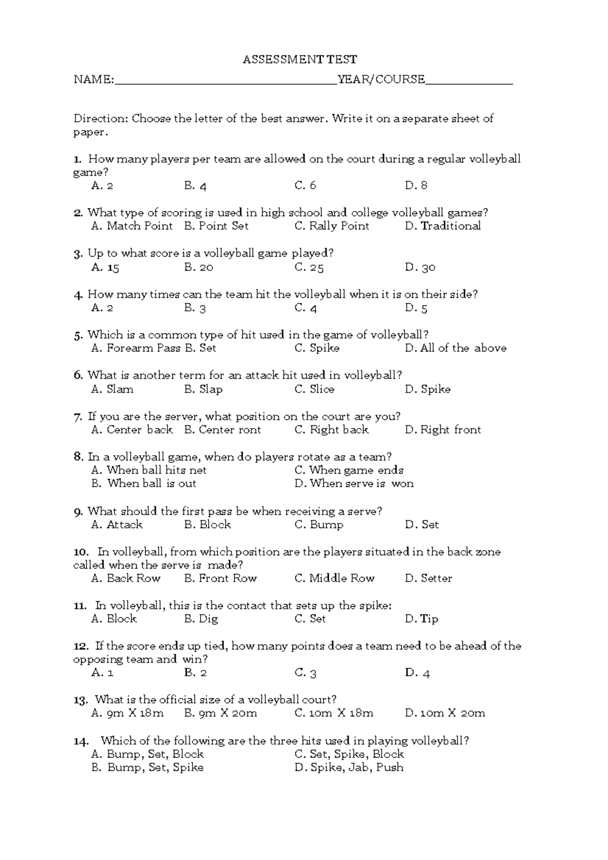 Assessment TEST IN Volleyball PE 4 Teamsports - ASSESSMENT TEST NAME ...