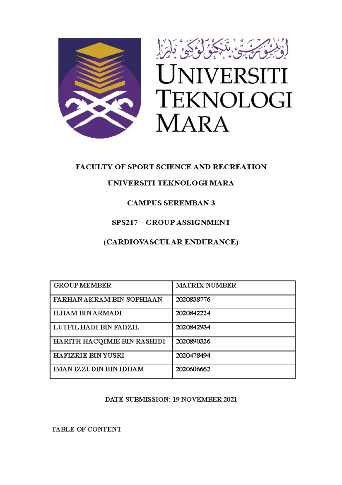 SPS 217 Cardiovascular Endurance - FACULTY OF SPORT SCIENCE AND ...