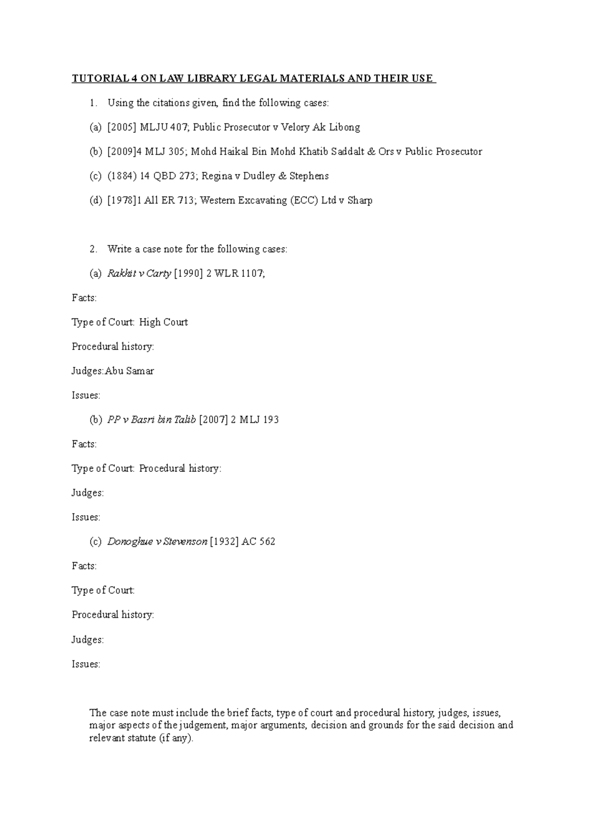 Tutorial 4-LAW Library - TUTORIAL 4 ON LAW LIBRARY LEGAL MATERIALS AND ...