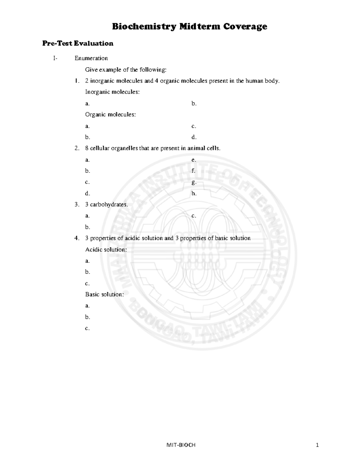 Biochemistry Module Part1 Biochemistry Midterm Coverage Pre Test Evaluation I Enumeration