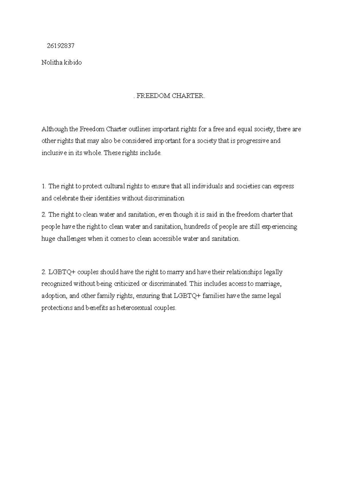 Freedom charter - 26192837 Nolitha kibido . FREEDOM CHARTER. Although ...