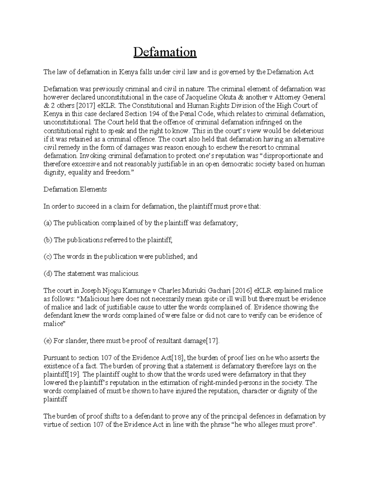 Defamation assigment - Defamation The law of defamation in Kenya falls ...