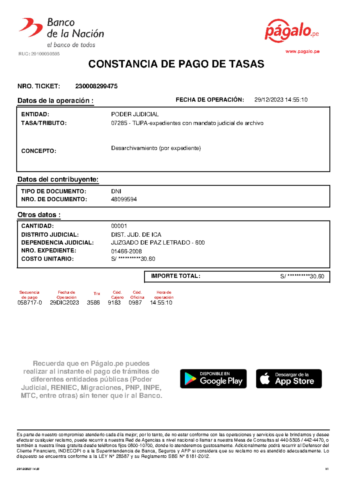 Tasa de desarchivamiento 1466-2008 - CONSTANCIA DE PAGO DE TASAS RUC: 20100030595 pagalo FECHA ...