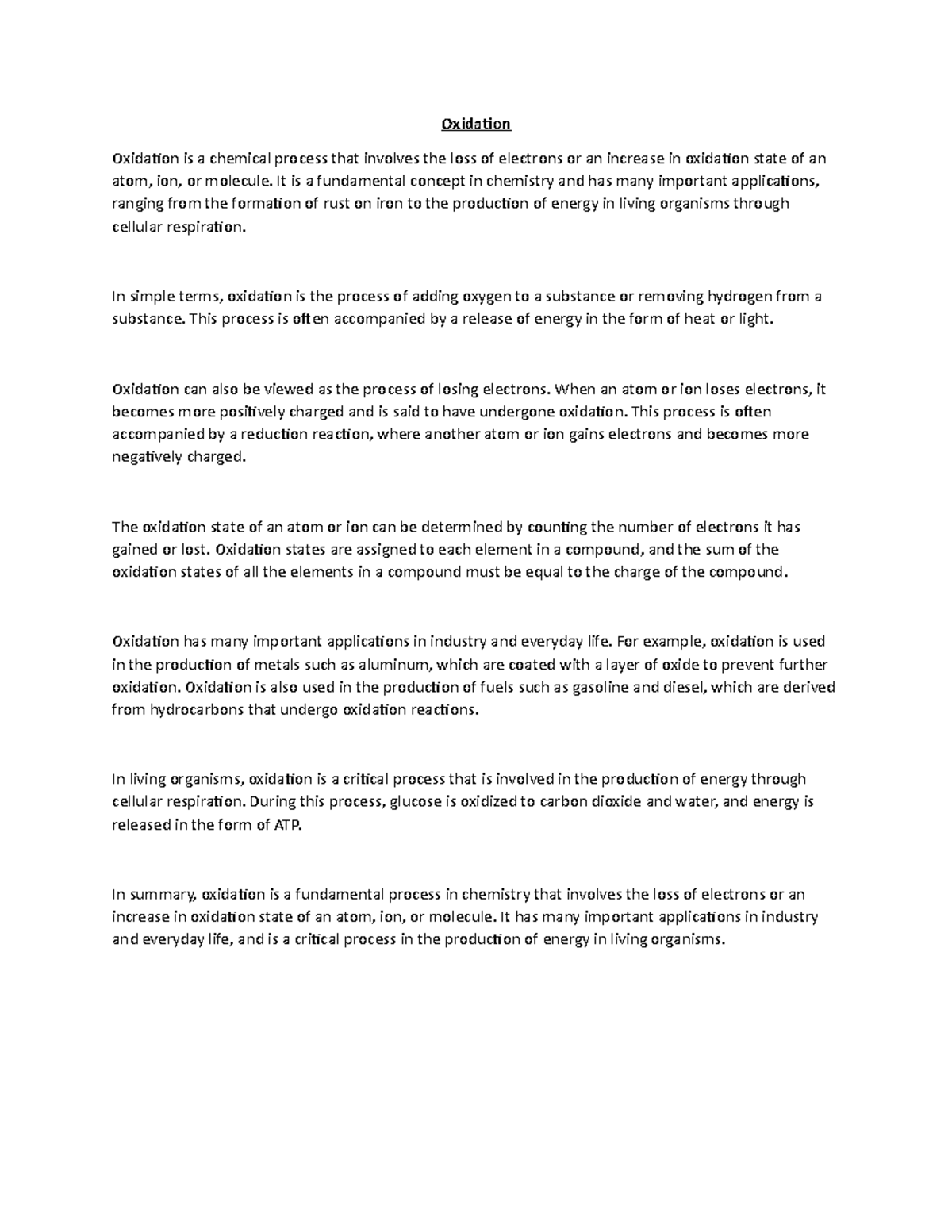 Oxidation - Notes - Oxidation Oxidation is a chemical process that ...