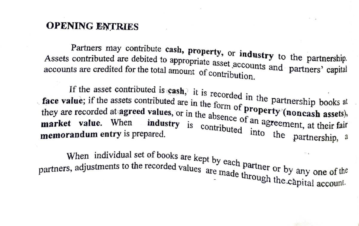 Partnership Firmation - OPENING ENTRIES Partners may contribute cash ...