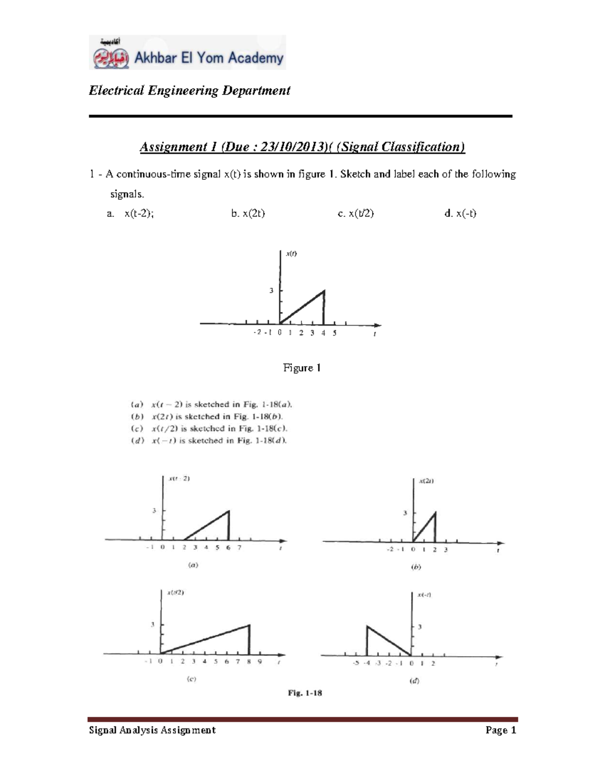 Signal Analysis Assignment Electrical En - Electrical Engineering Department Assignment 1 (Due ...