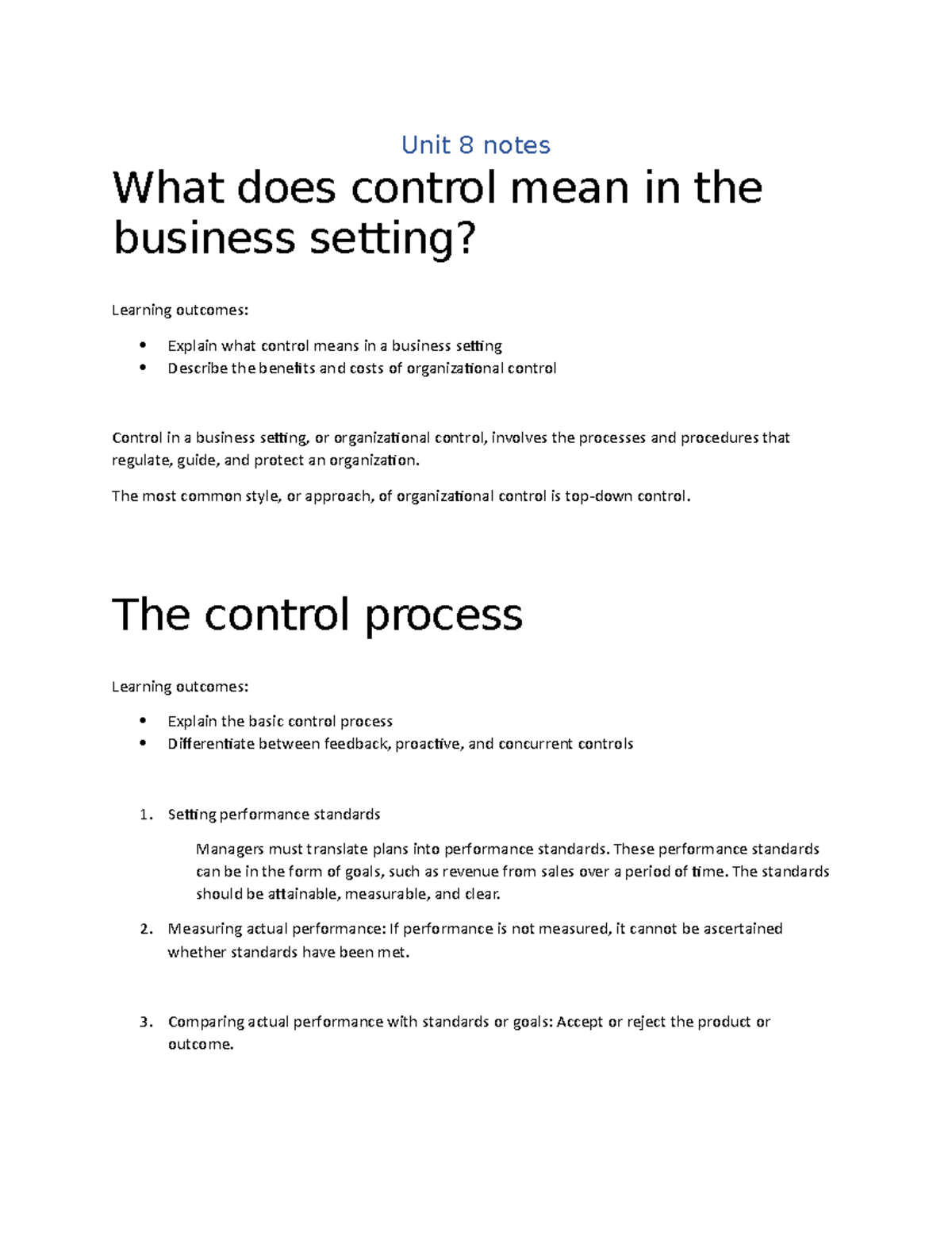 Unit 8 Notes Unit 8 Notes What Does Control Mean In The Business
