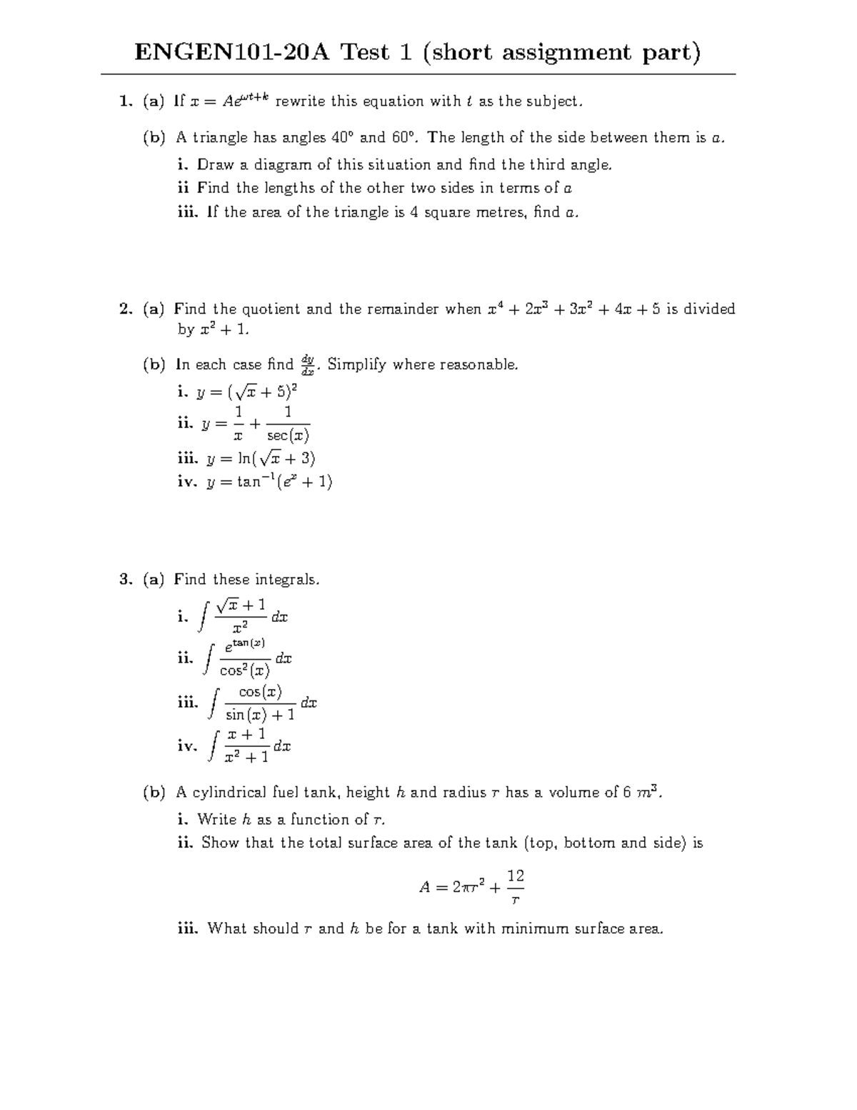 ENGEN101-20A Test 1 Question paper - ENGEN101-20A Test 1 (short ...