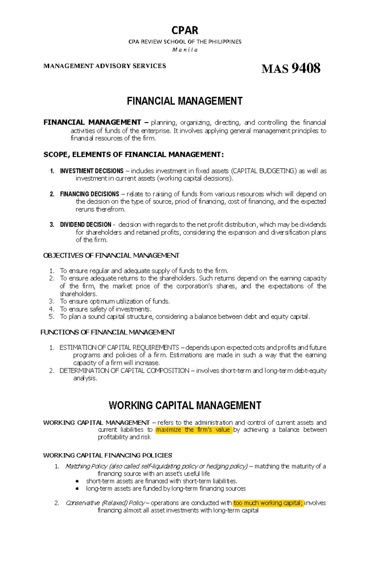 MAS 9408 WC MGT AND FS Analysis - CPAR CPA REVIEW SCHOOL OF THE ...