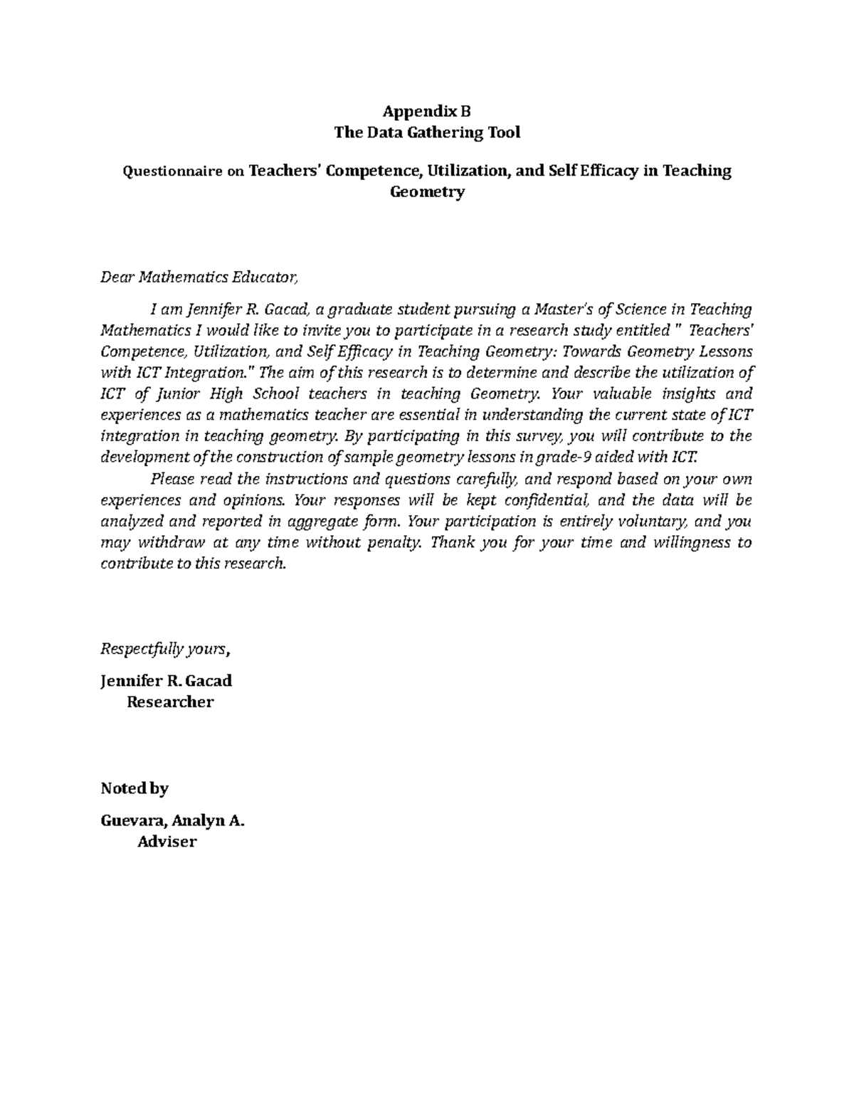 Questionnaire - Appendix B The Data Gathering Tool Questionnaire on ...