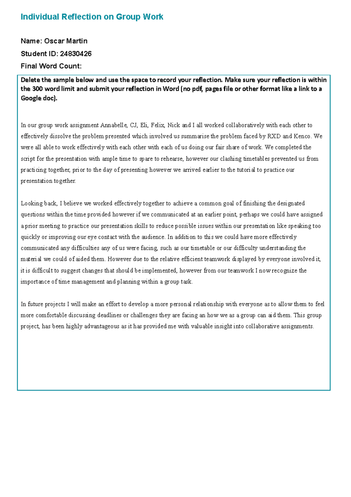 Individual Reflection template-3 - Individual Reflection on Group Work ...