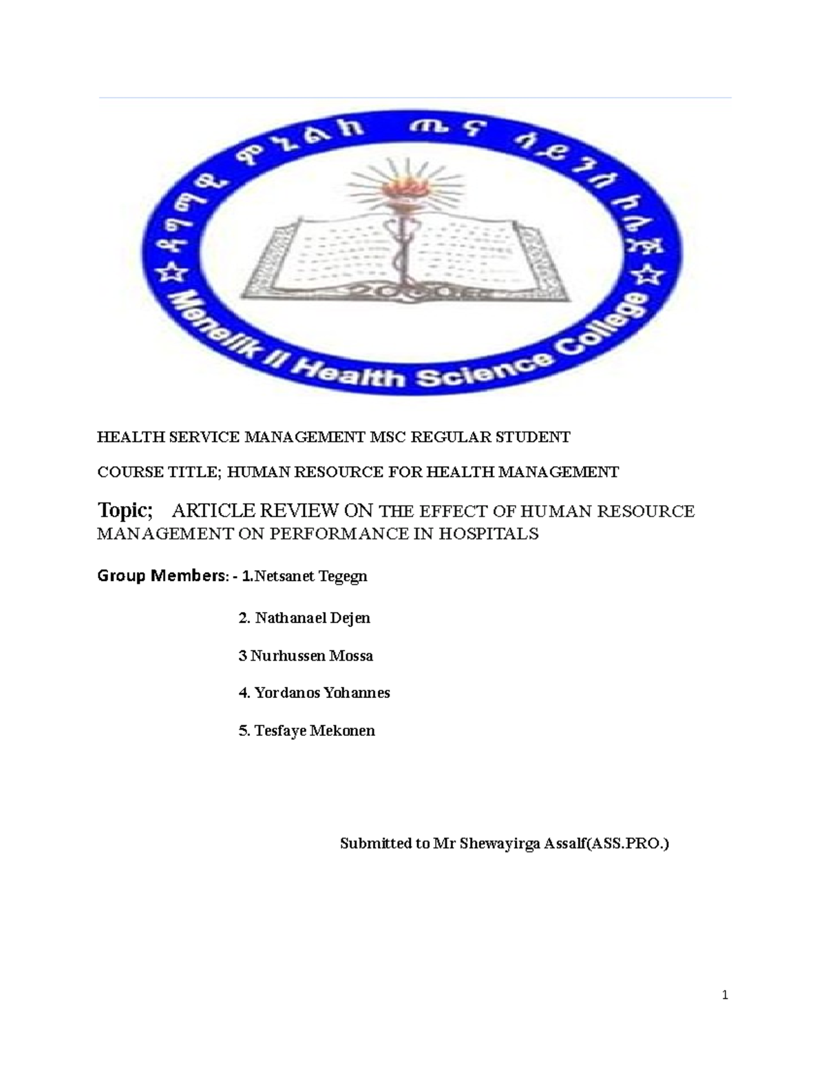 HRM Group 3 - Health service management - HEALTH SERVICE MANAGEMENT MSC ...