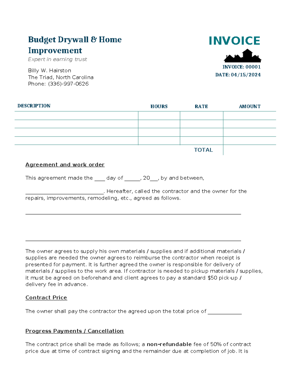 invoice examples - Budget Drywall & Home Improvement Expert in earning trust Billy W. Hairston ...