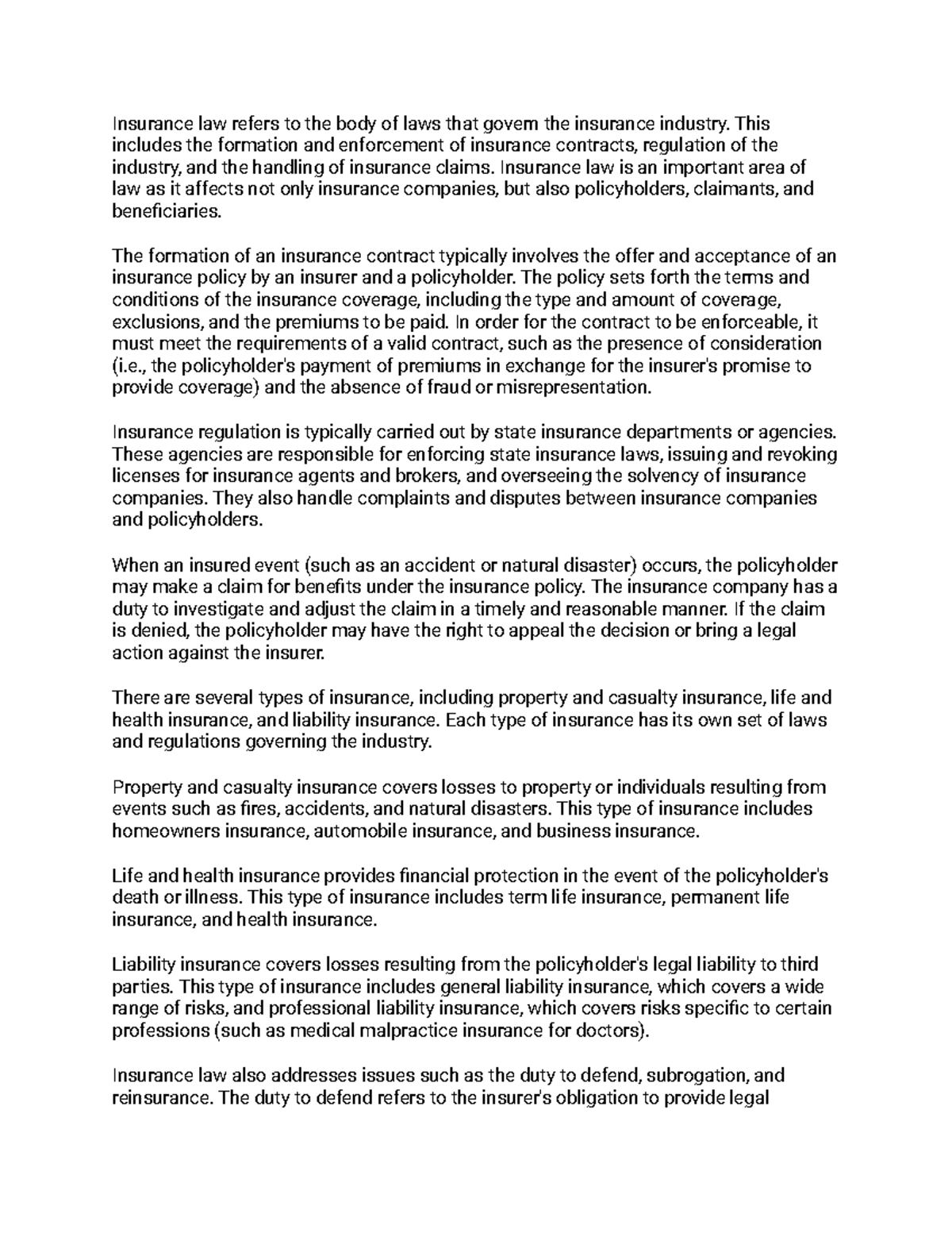 Insurance law - lecture notes - Insurance law refers to the body of ...