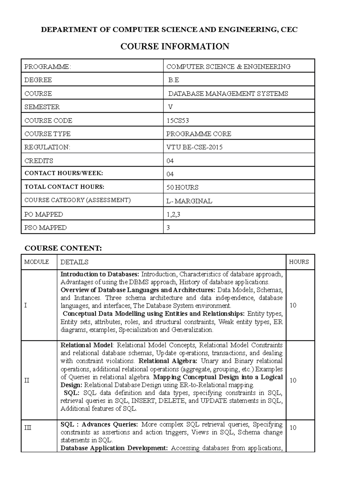 CBCS format CIS-DBMS - DEPARTMENT OF COMPUTER SCIENCE AND ENGINEERING ...