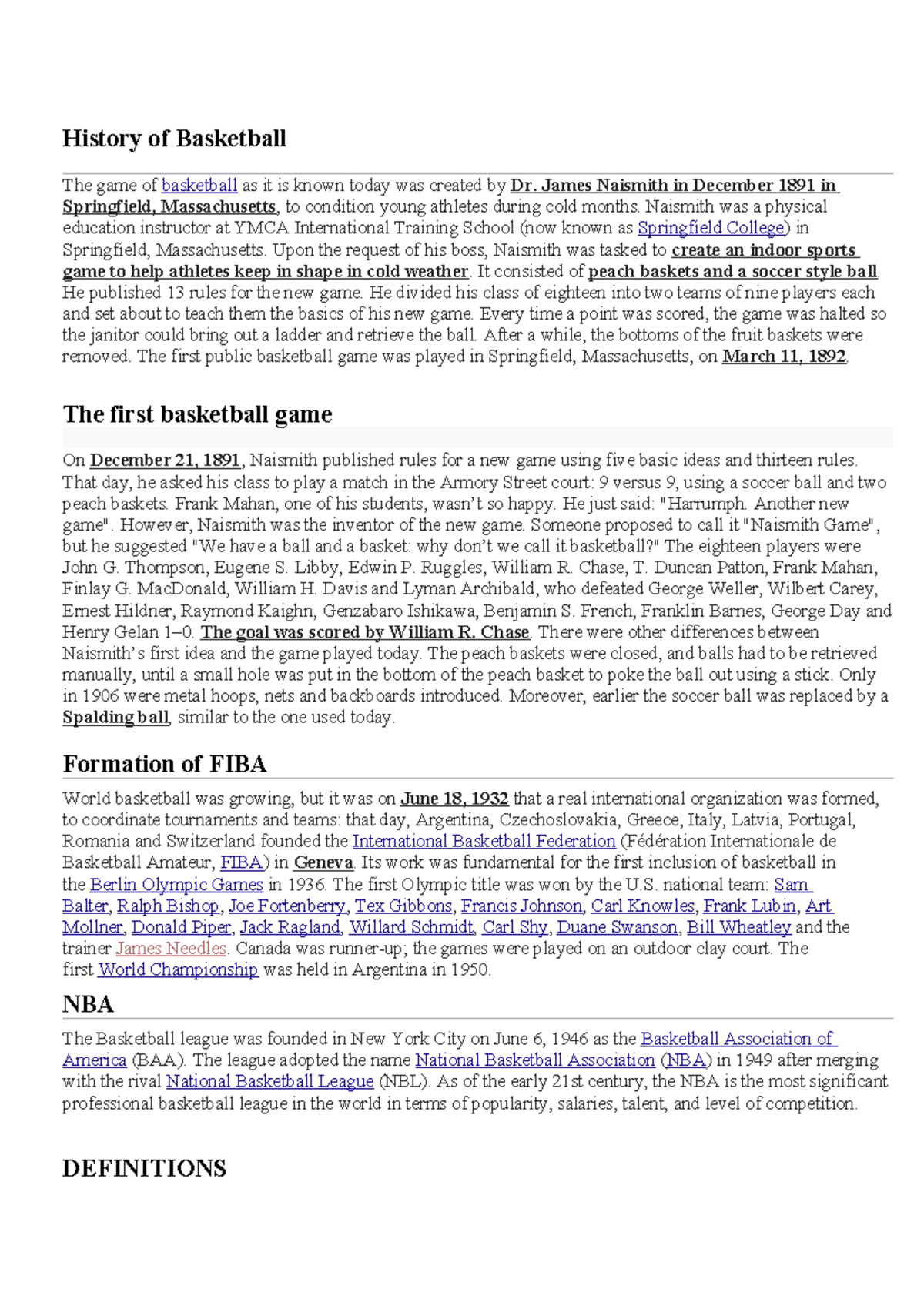 Basketball- Handouts - History of Basketball The game of basketball as ...