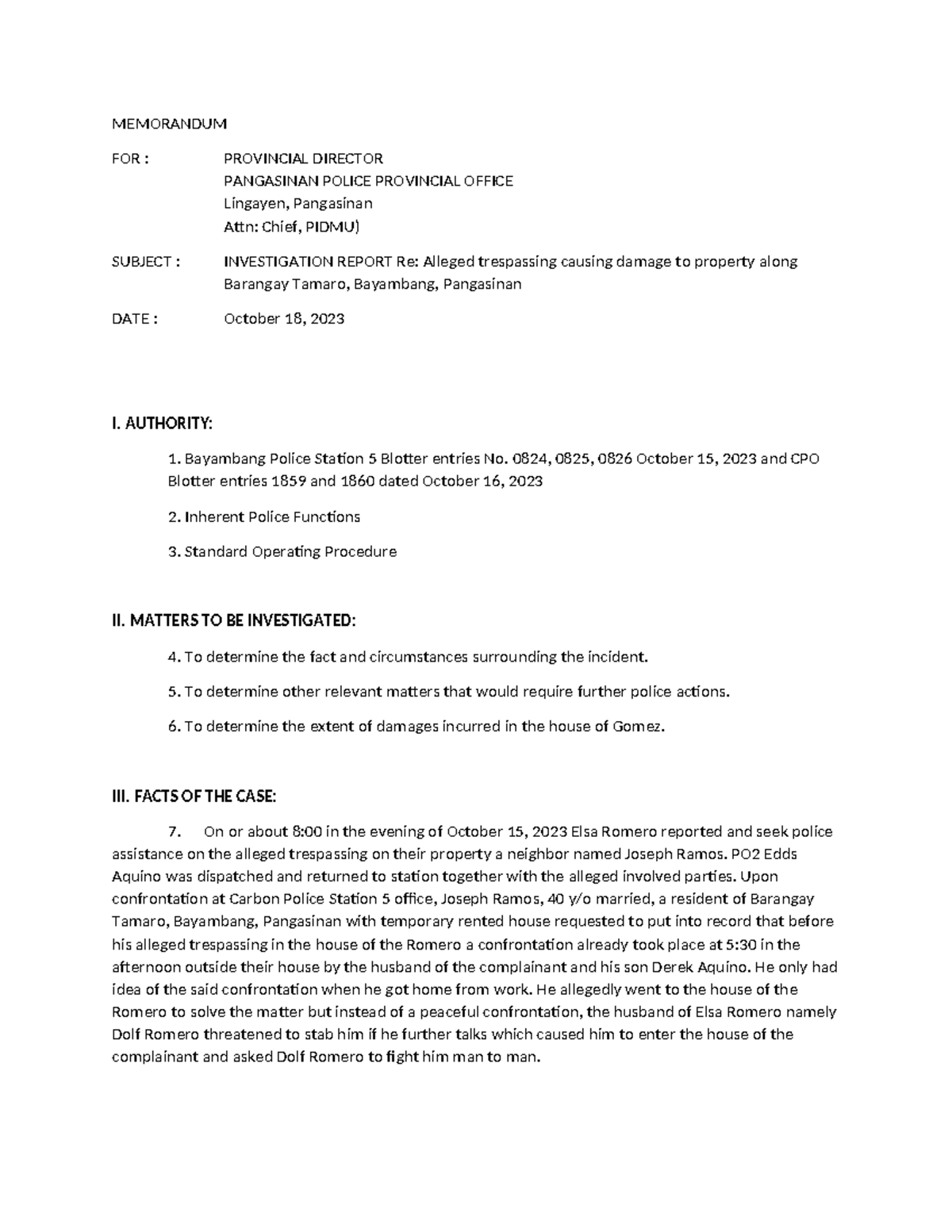 Memorandum - MEMORANDUM FOR : PROVINCIAL DIRECTOR PANGASINAN POLICE ...