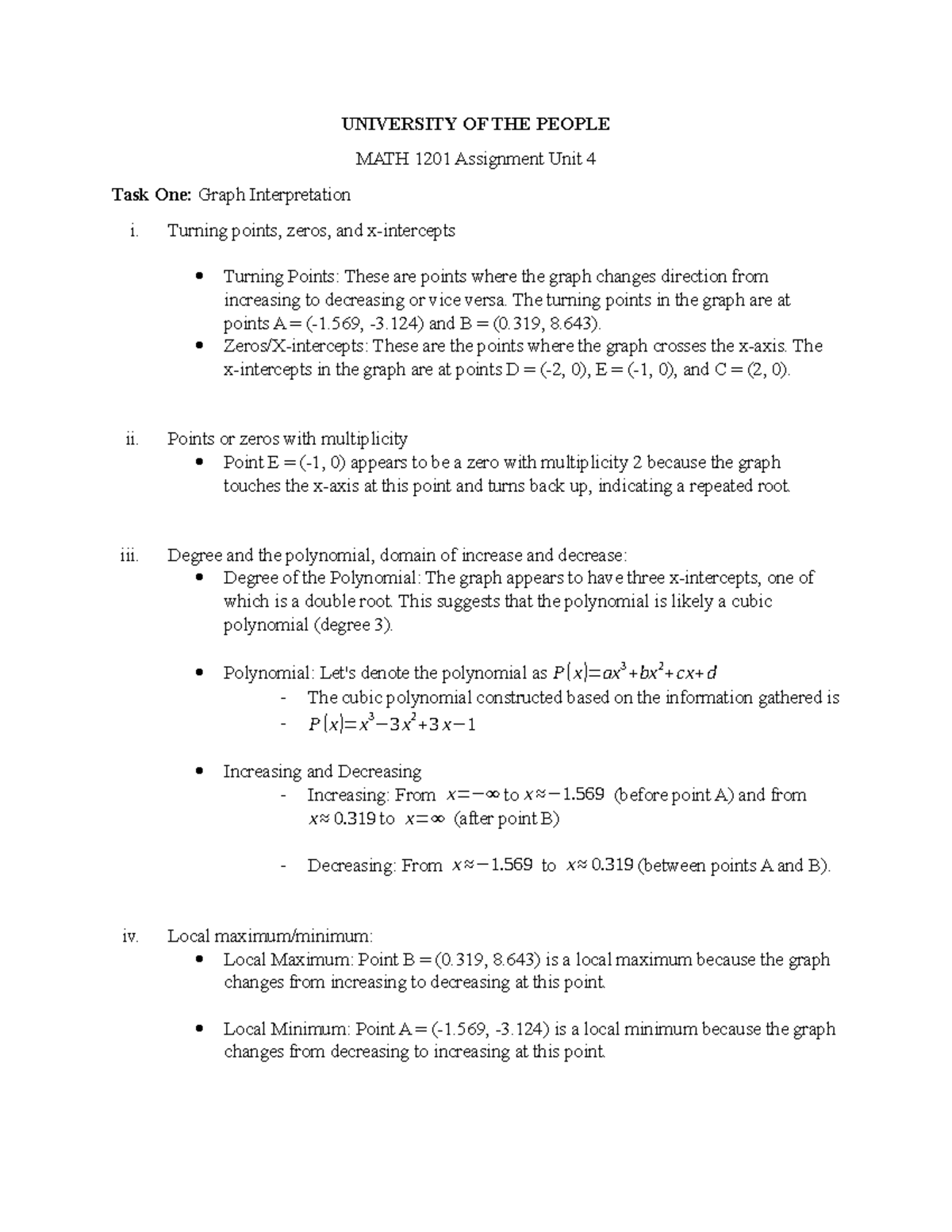 Math 1201 University OF THE People - UNIVERSITY OF THE PEOPLE MATH 1201 Assignment Unit 4 Task ...