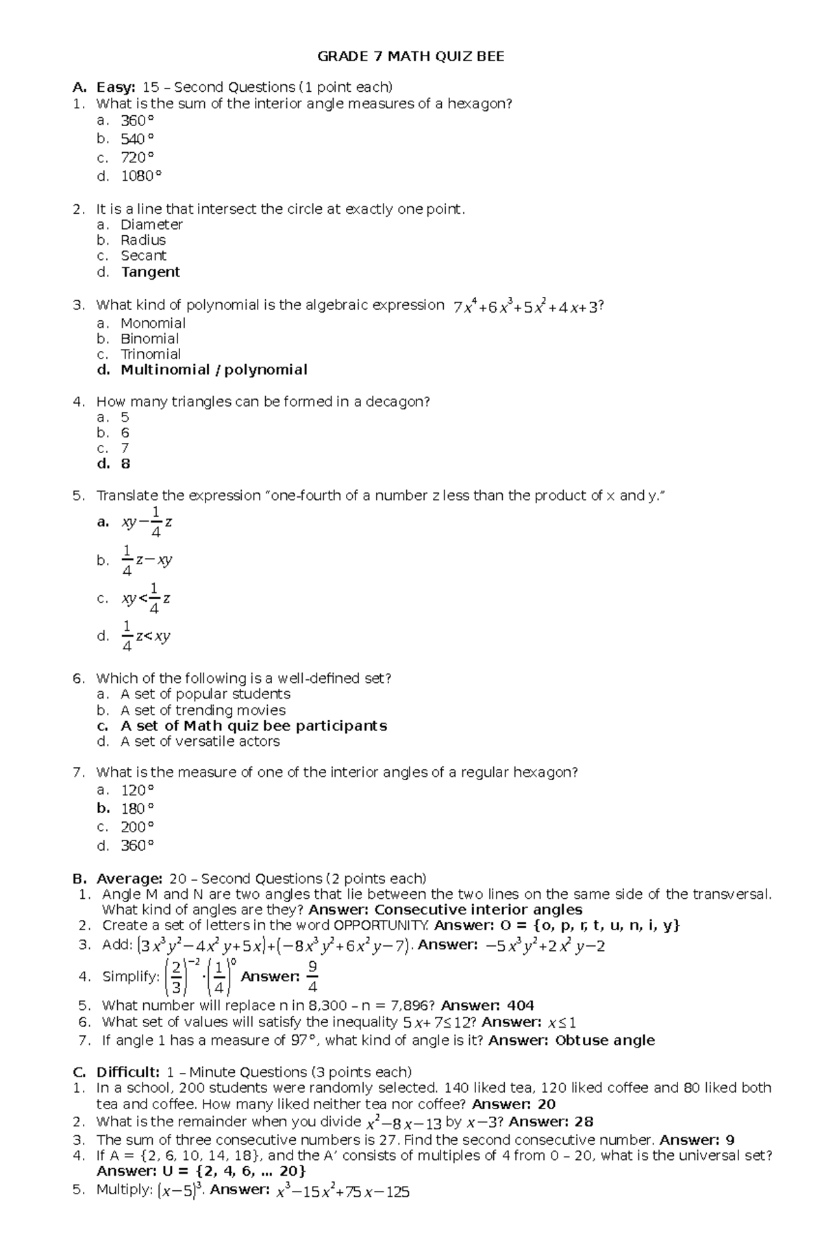 Final MATH QUIZ BEE 2024 - GRADE 7 MATH QUIZ BEE A. Easy: 15 – Second ...