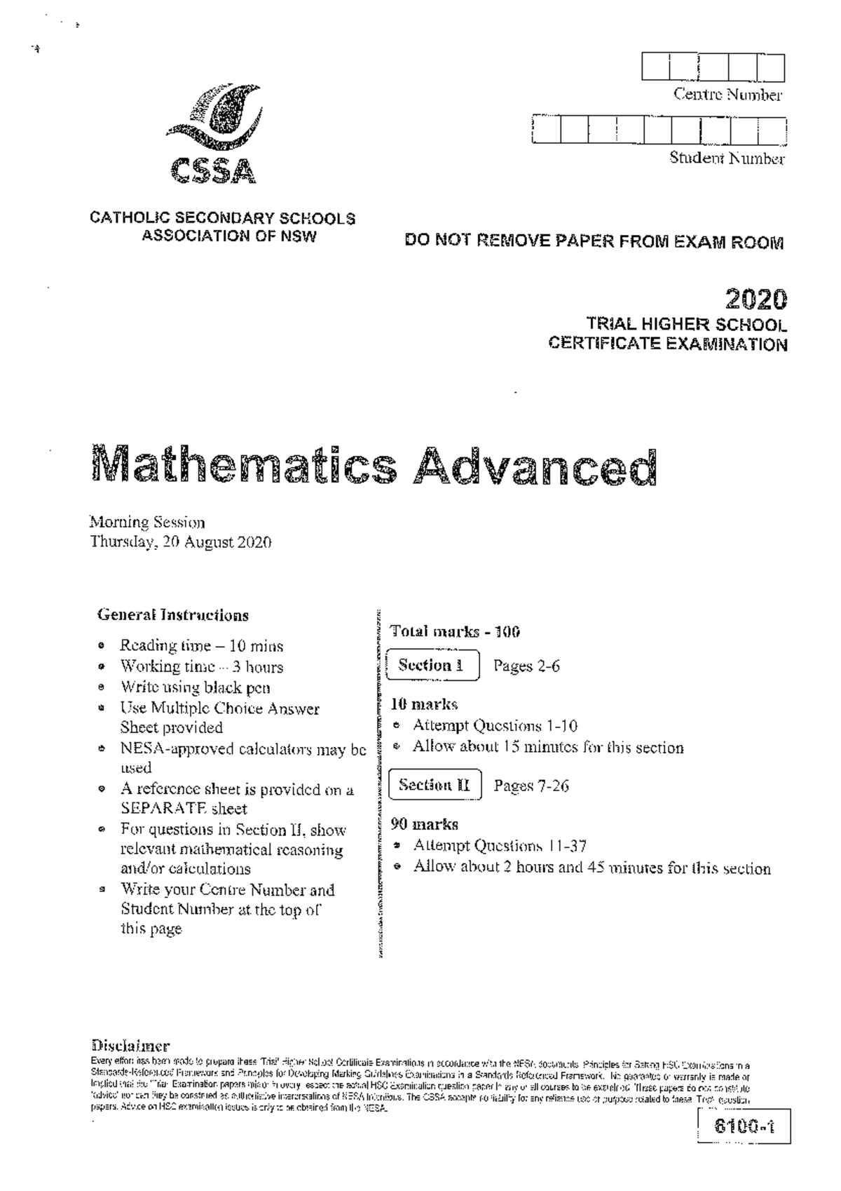 2020 CSSA Math Advanced Trial - Centre Number Student Number CSSA ...