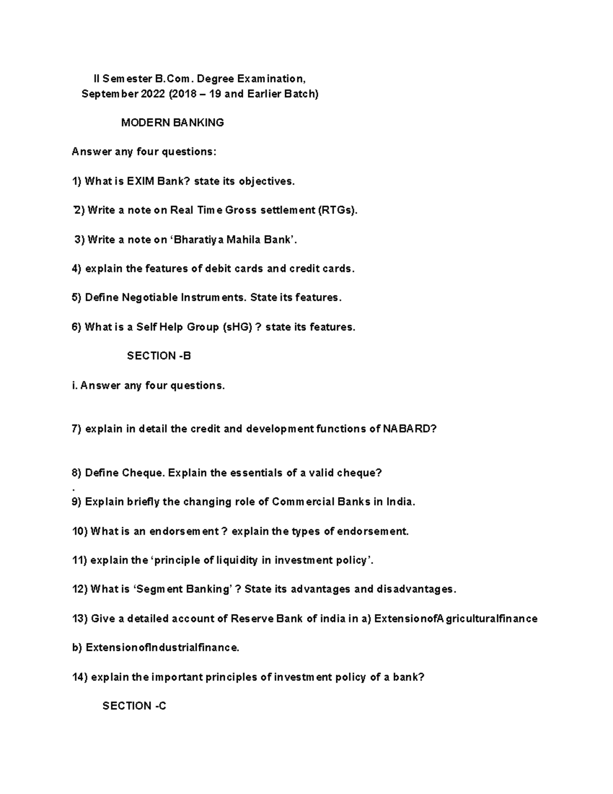 Modern Banking - question paper - II Semester B. Degree Examination ...