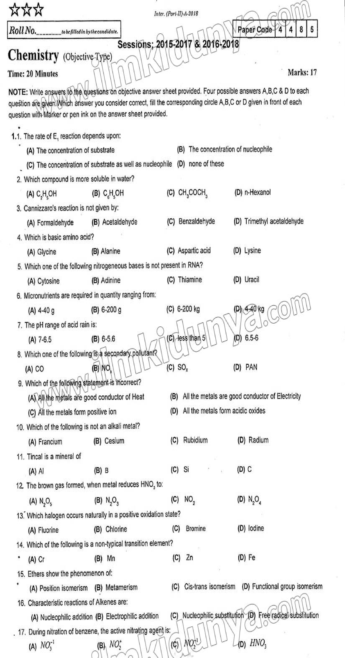 Past Paper 12th Class Rawalpindi Board Chemistry Objective 2018 ...