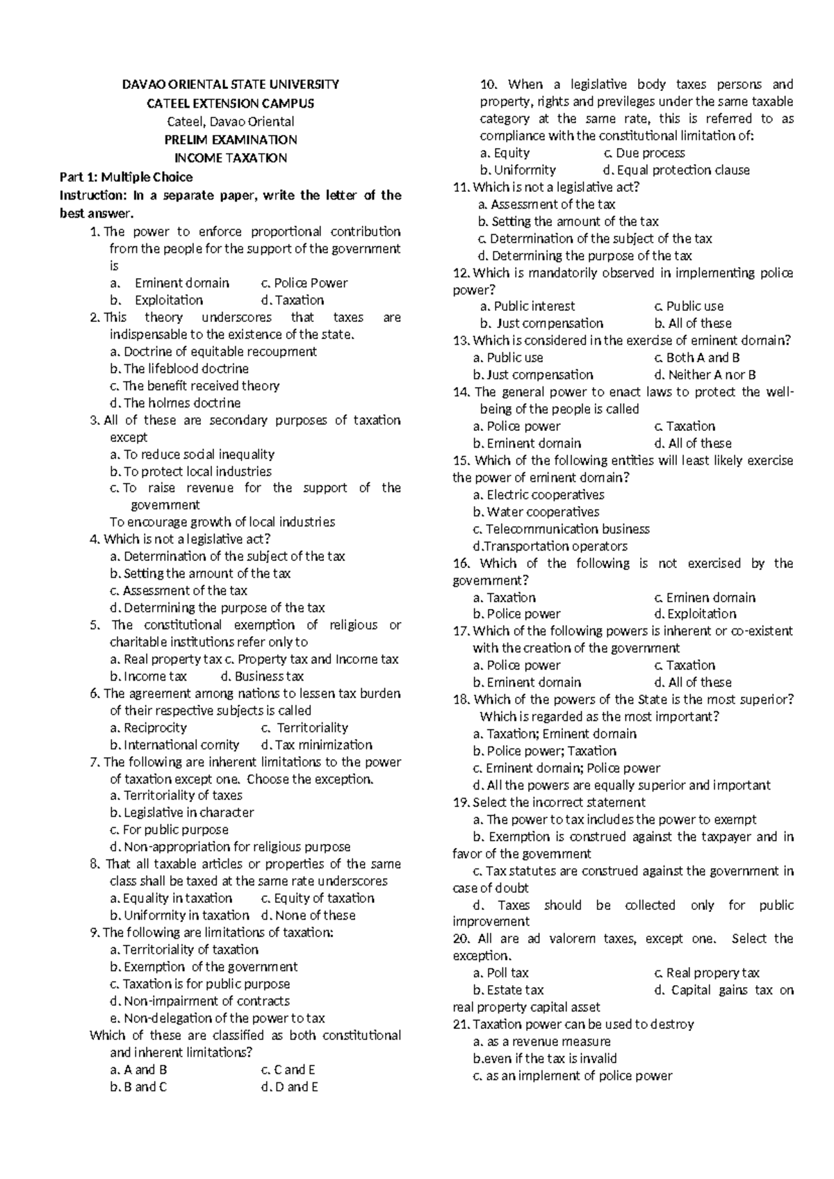 Prelim Exam Taxation - DAVAO ORIENTAL STATE UNIVERSITY CATEEL EXTENSION ...
