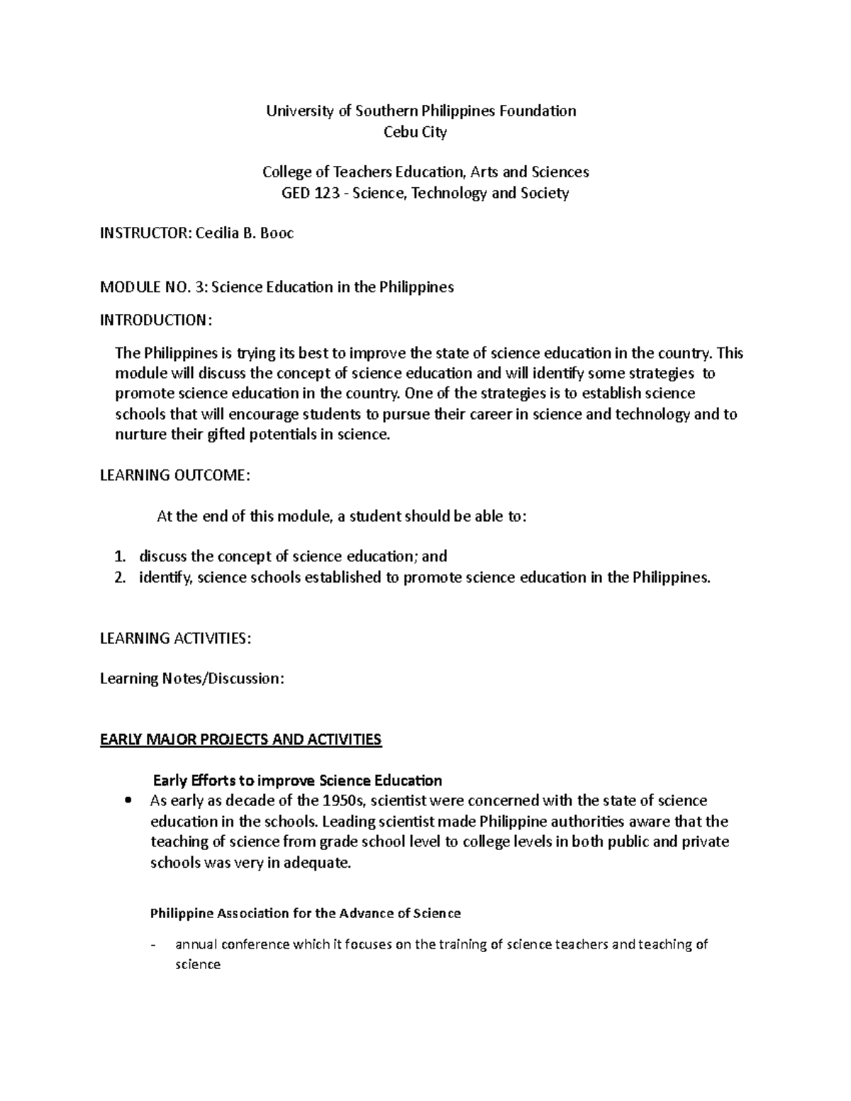 STS-Module-3 - Lecture notes 3 - University of Southern Philippines ...