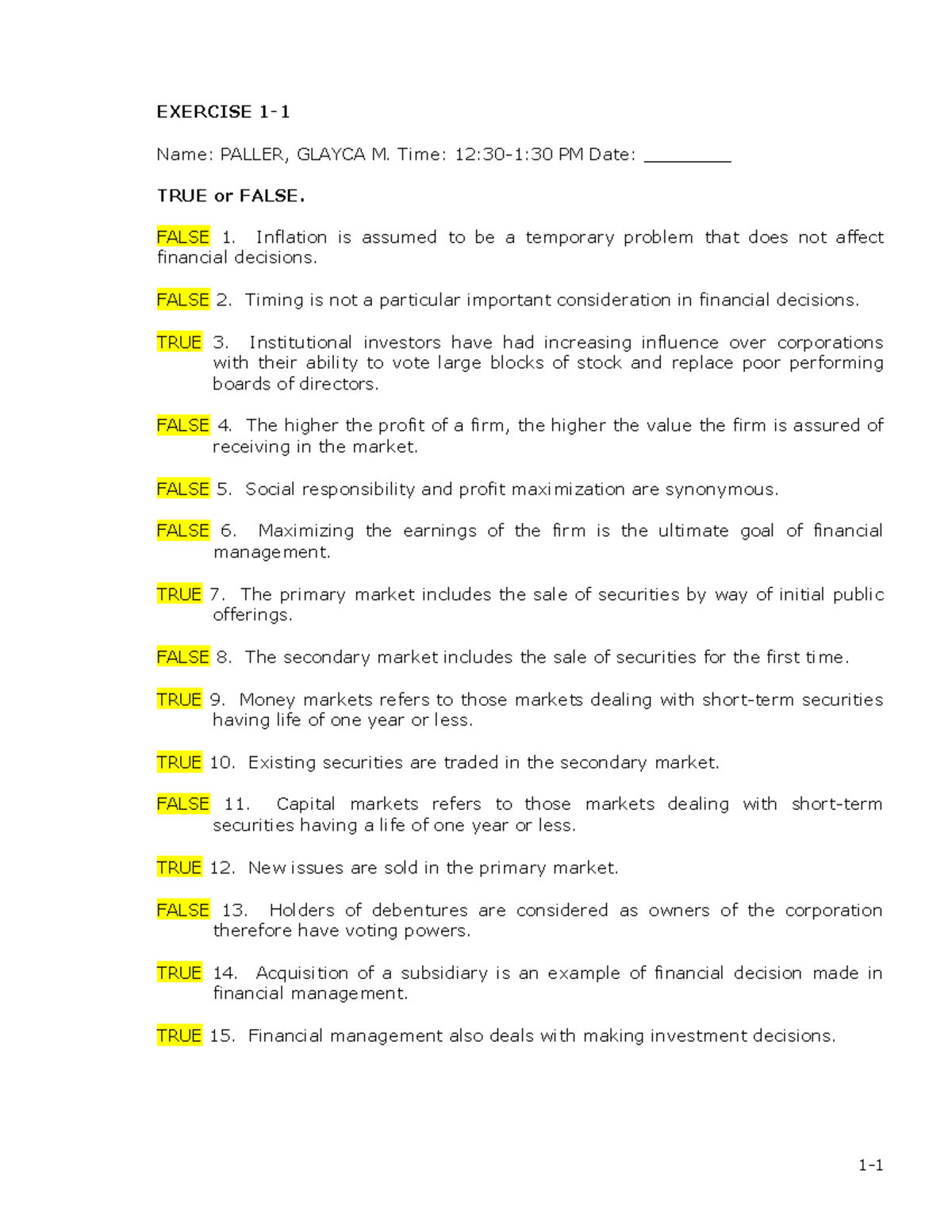 Exercise 1 Chapter 1 (FM)- Paller - EXERCISE 1- Name: PALLER, GLAYCA M. Time: 12:30-1:30 PM Date ...