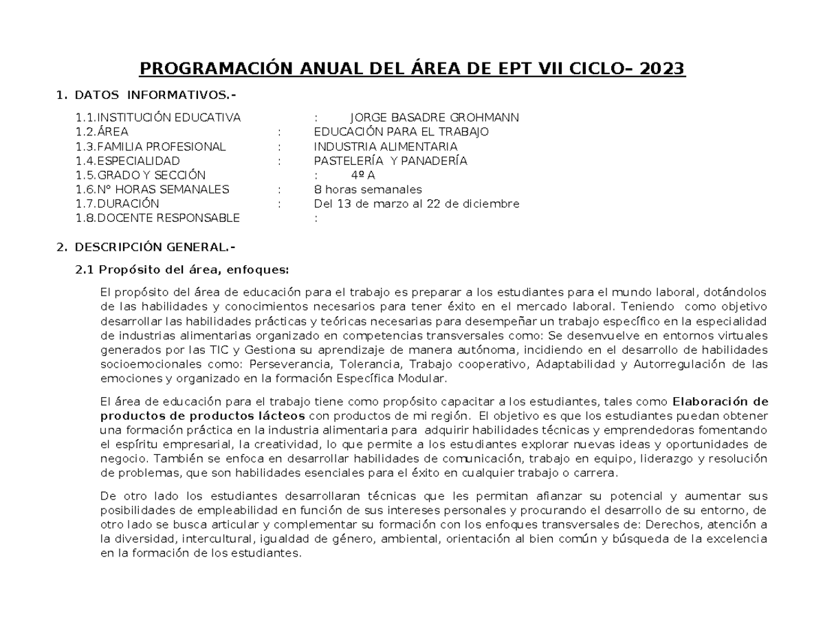 EPT- Programa Anual- Cuarto - PROGRAMACIÓN ANUAL DEL ÁREA DE EPT VII CICLO– 2023 1. DATOS - Studocu