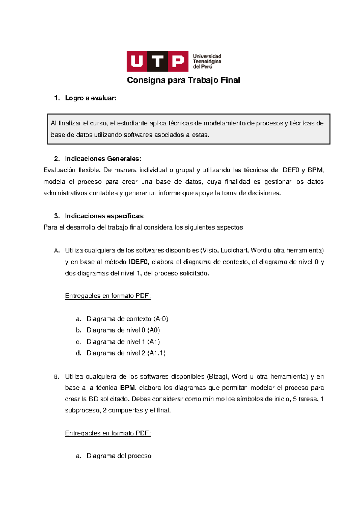 TF Indicaciones - otros - Consigna para Trabajo Final 1. Logro a evaluar: 2. Indicaciones ...