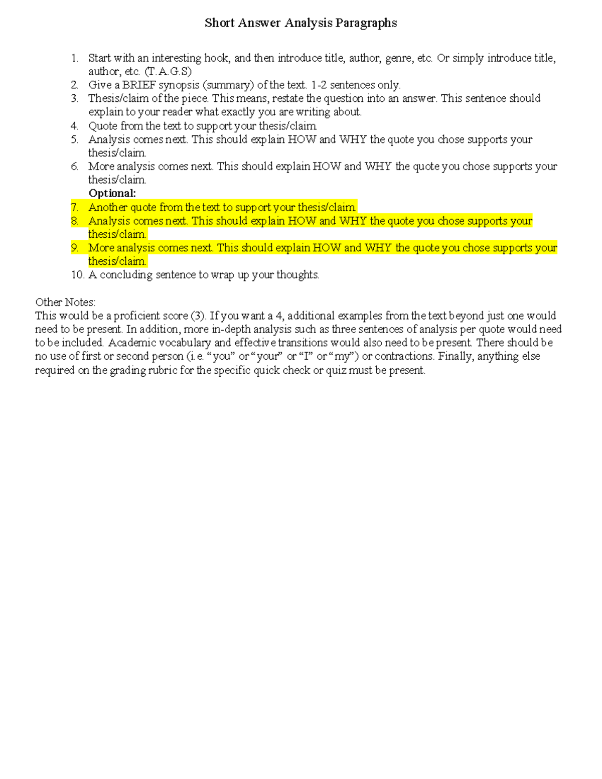 Focus Notes- Short Answer Analysis Paragraphs - Short Answer Analysis ...