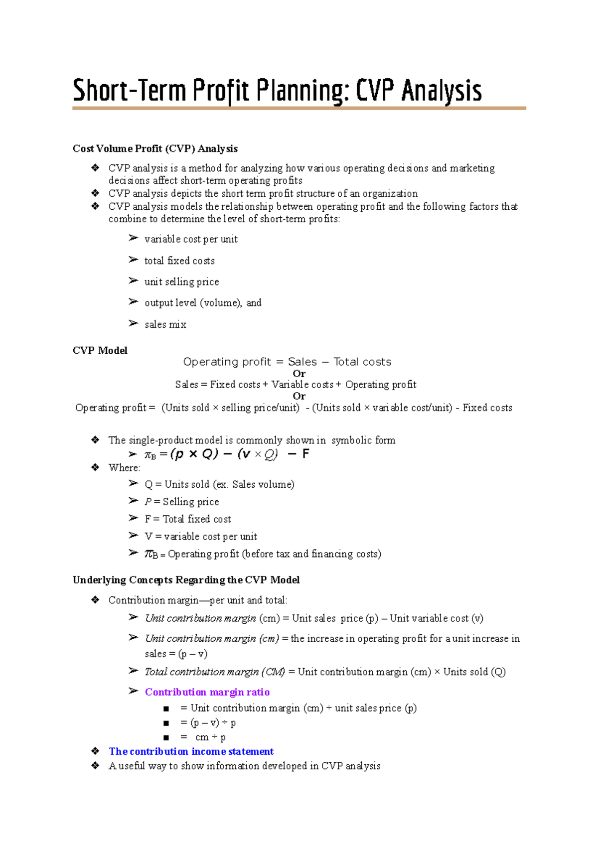 Chapter 9 - lecture notes - Short-Term Profit Planning: CVP Analysis ...
