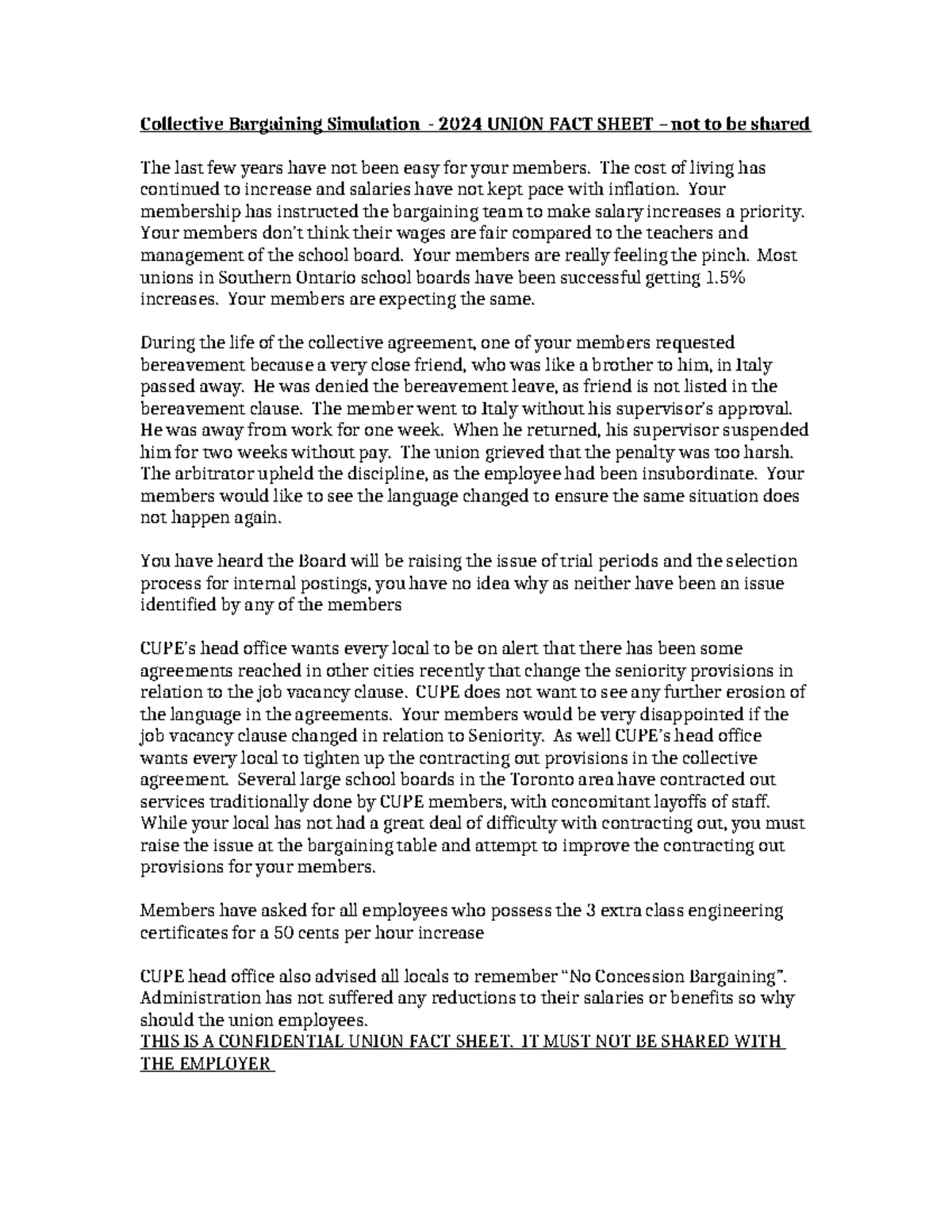 25 2024 Union Fact sheet Collective Bargaining Simulation - Collective ...