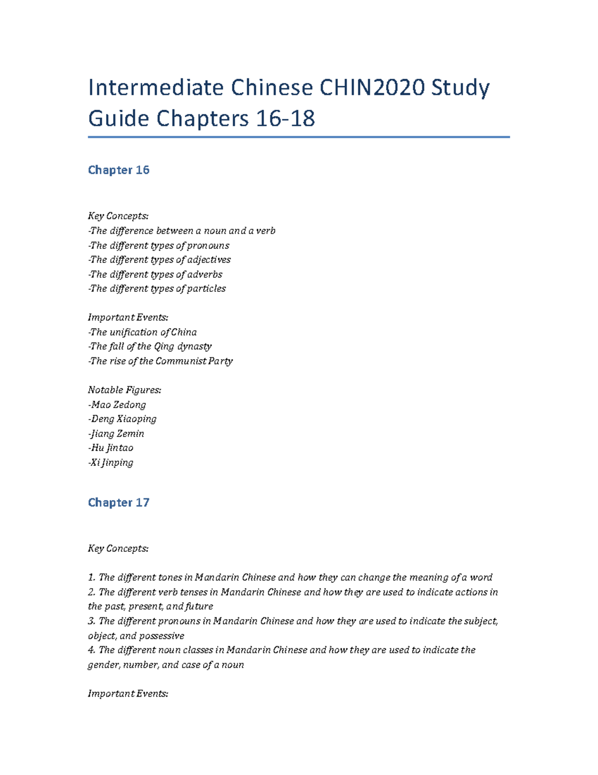 Intermediate Chinese CHIN2020 Study Guide Chapters 16-18 - Intermediate ...