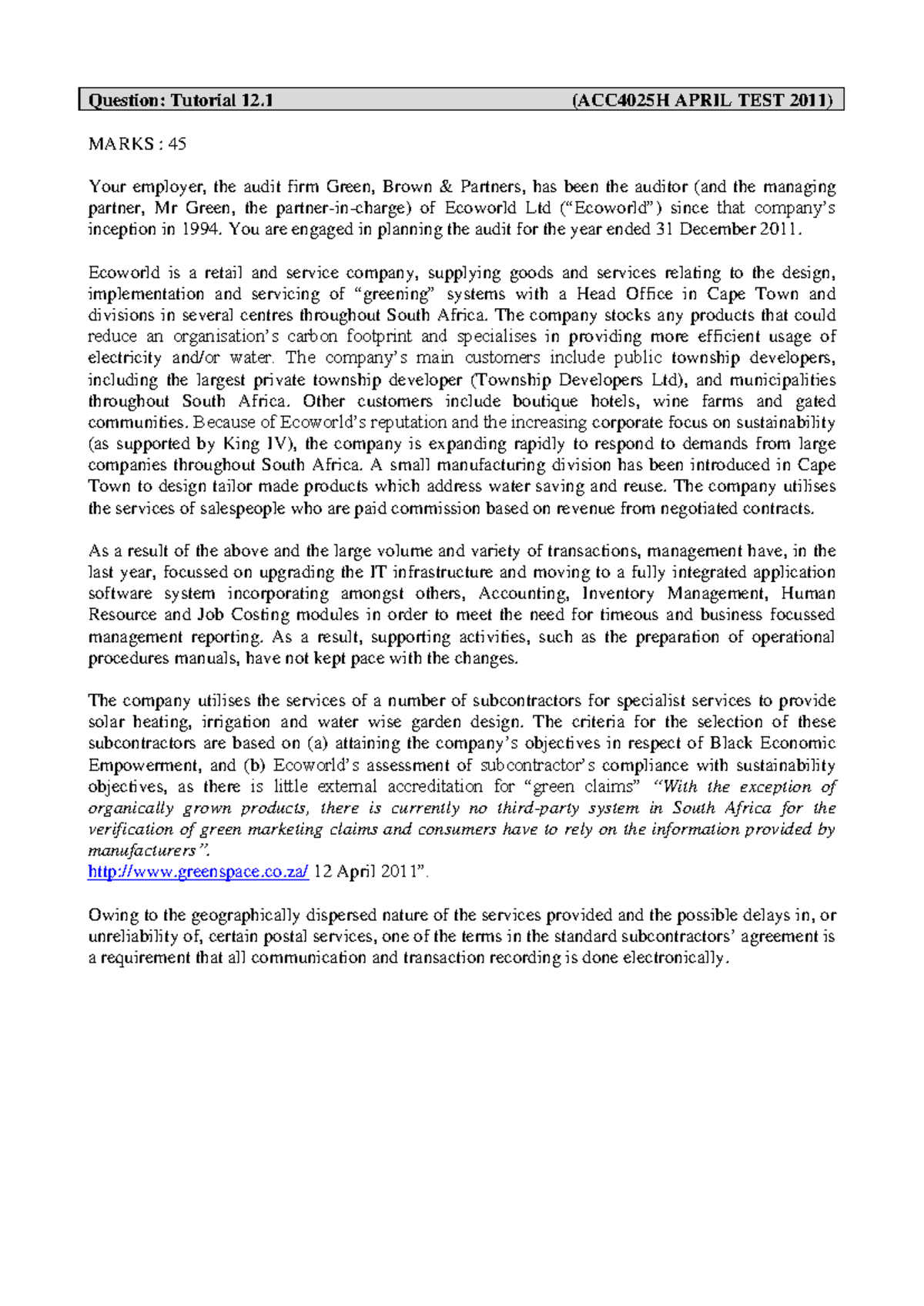 Tutorial+12 - Question: Tutorial 12 .1 (ACC4025H APRIL TEST 2011) MARKS ...