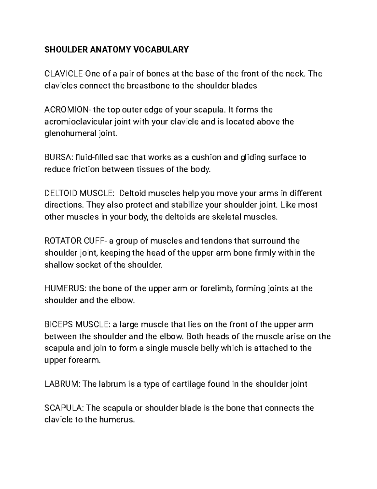 Shoulder Anatomy Vocabulary - SHOULDER ANATOMY VOCABULARY CLAVICLE-One ...