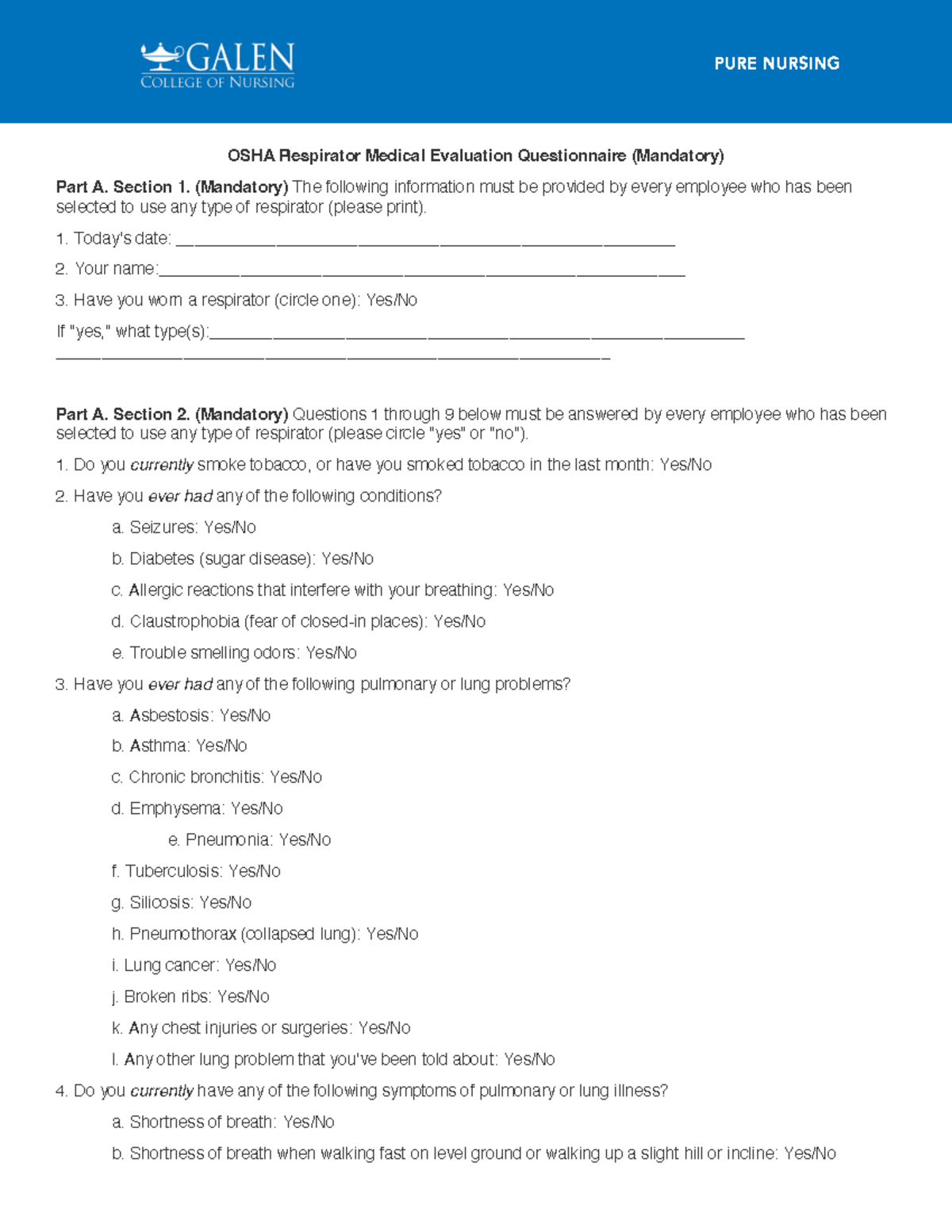 Fit Testing Questionnaire OSHA - OSHA Respirator Medical Evaluation ...