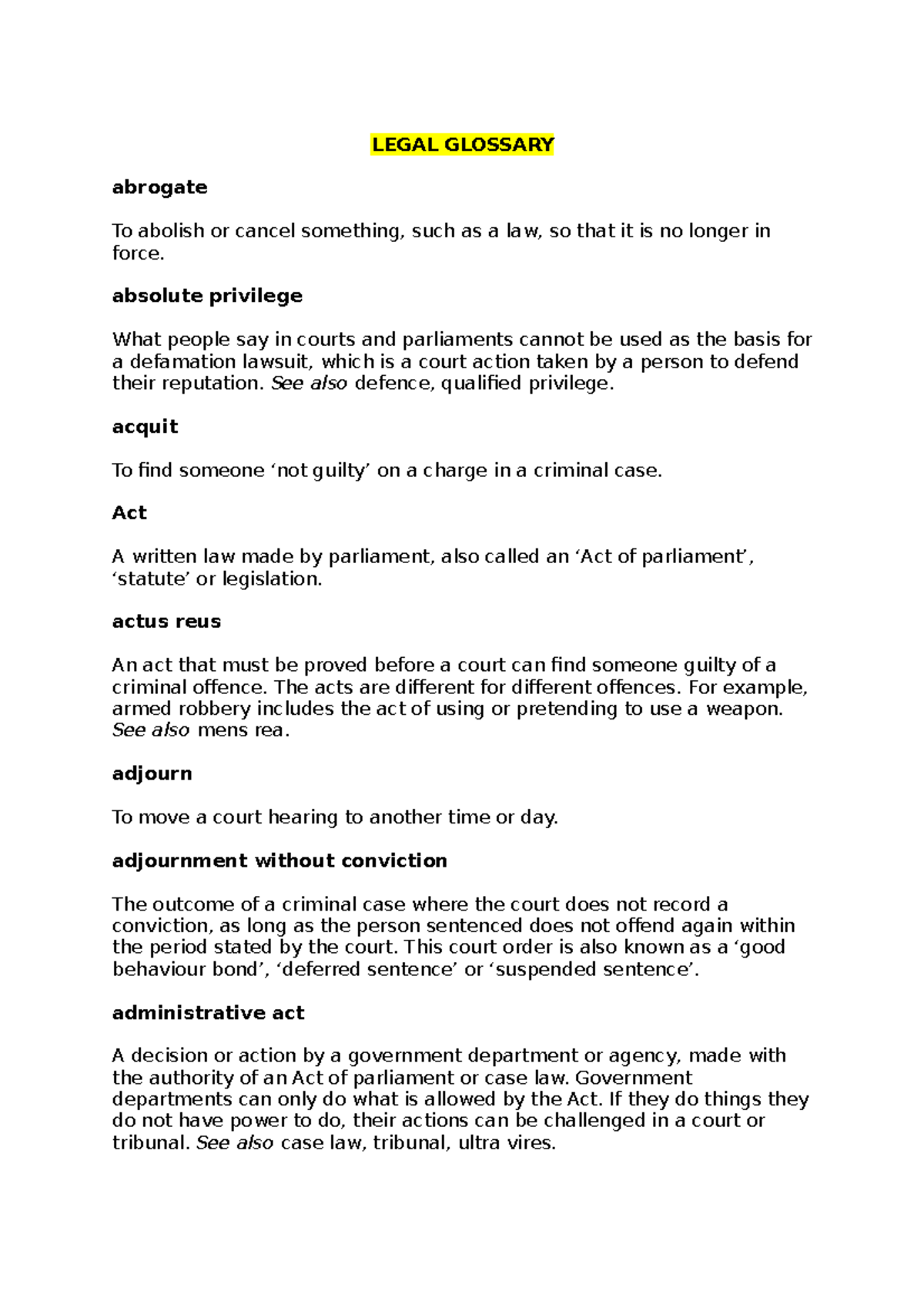 Legal Glossary - Useful defintions - LEGAL GLOSSARY abrogate To abolish ...