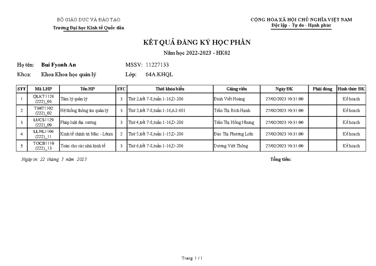 Ket Qua Dang Ky Hoc Phan 11227133 - 11227133 Khoa: Lớp: Họ tên: Trường Đại học Kinh tế Quốc dân ...