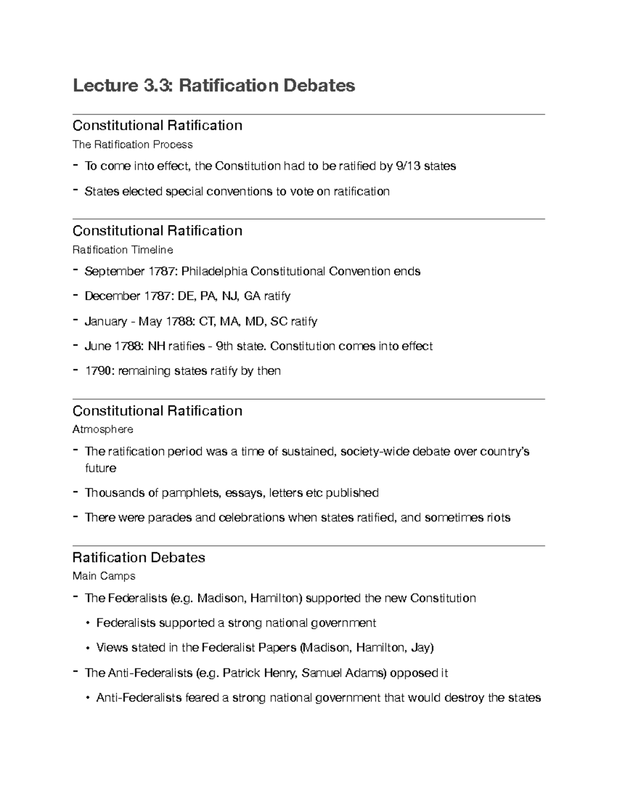 Lecture 3 - Lecture 3: Ratification Debates Constitutional Ratification ...