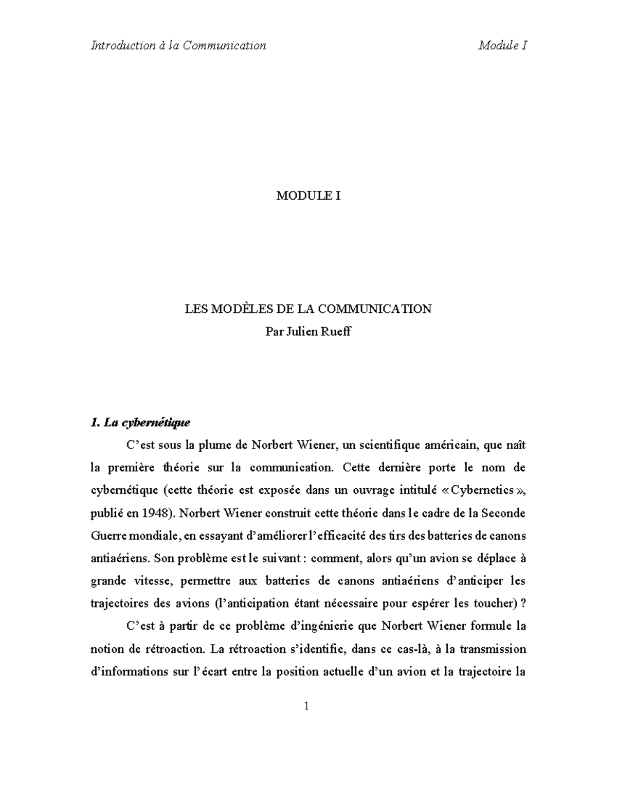 MODULE 1 NOTES DE COURS - Introduction à la Communication Module I ...