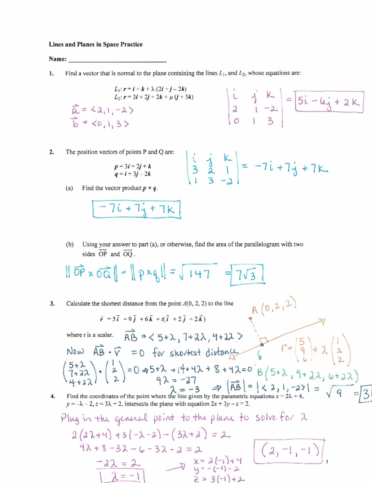 Lines+and+Planes+Practice+KEY - MATH 316 - Studocu