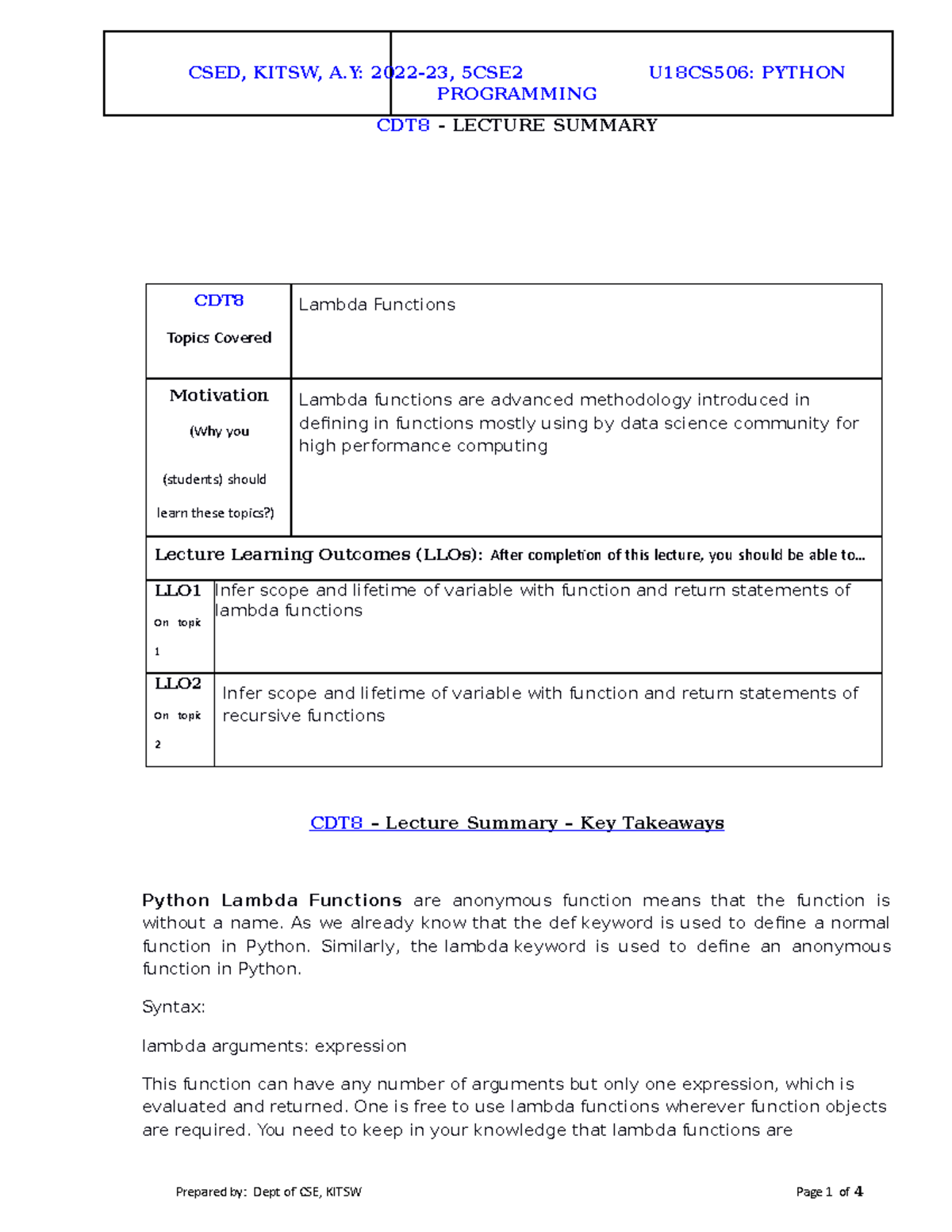 PP C5. 3 - Djskskek - PROGRAMMING CDT8 - LECTURE SUMMARY CDT Topics Covered Lambda Functions ...