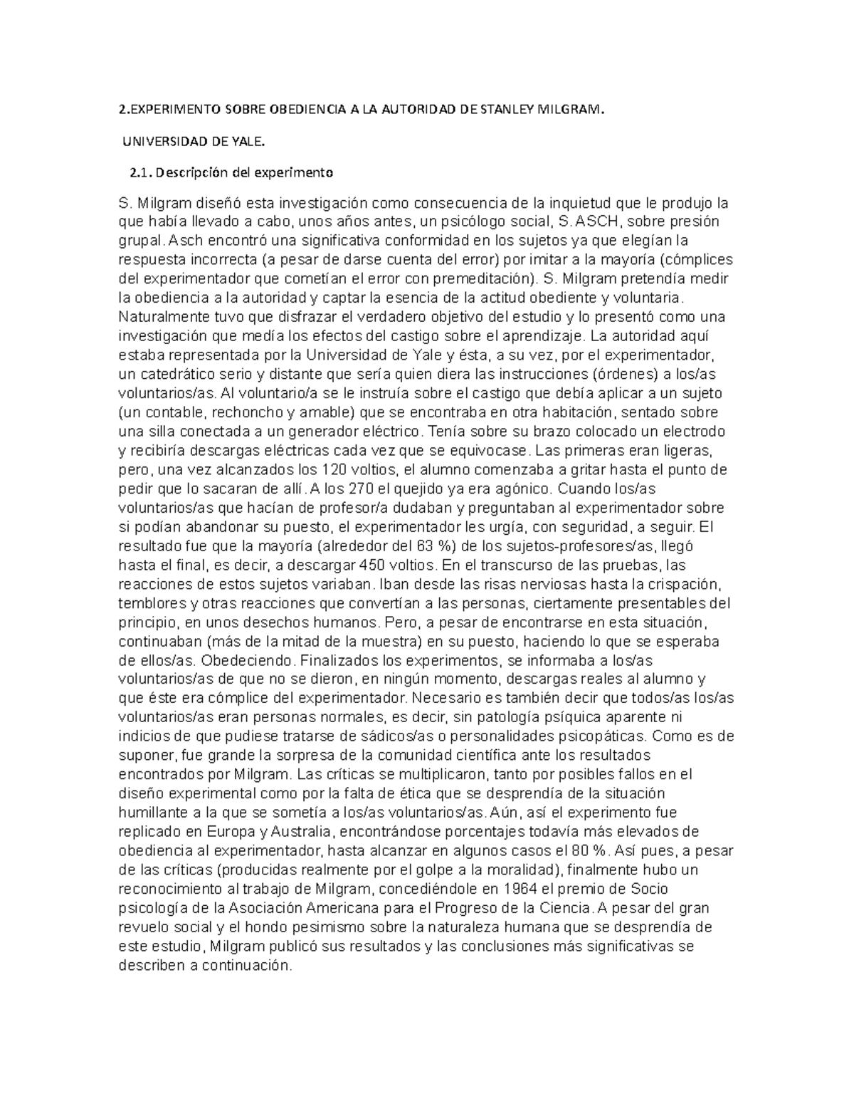 Experimento Milgram - Buen resumen - 2 SOBRE OBEDIENCIA A LA AUTORIDAD ...
