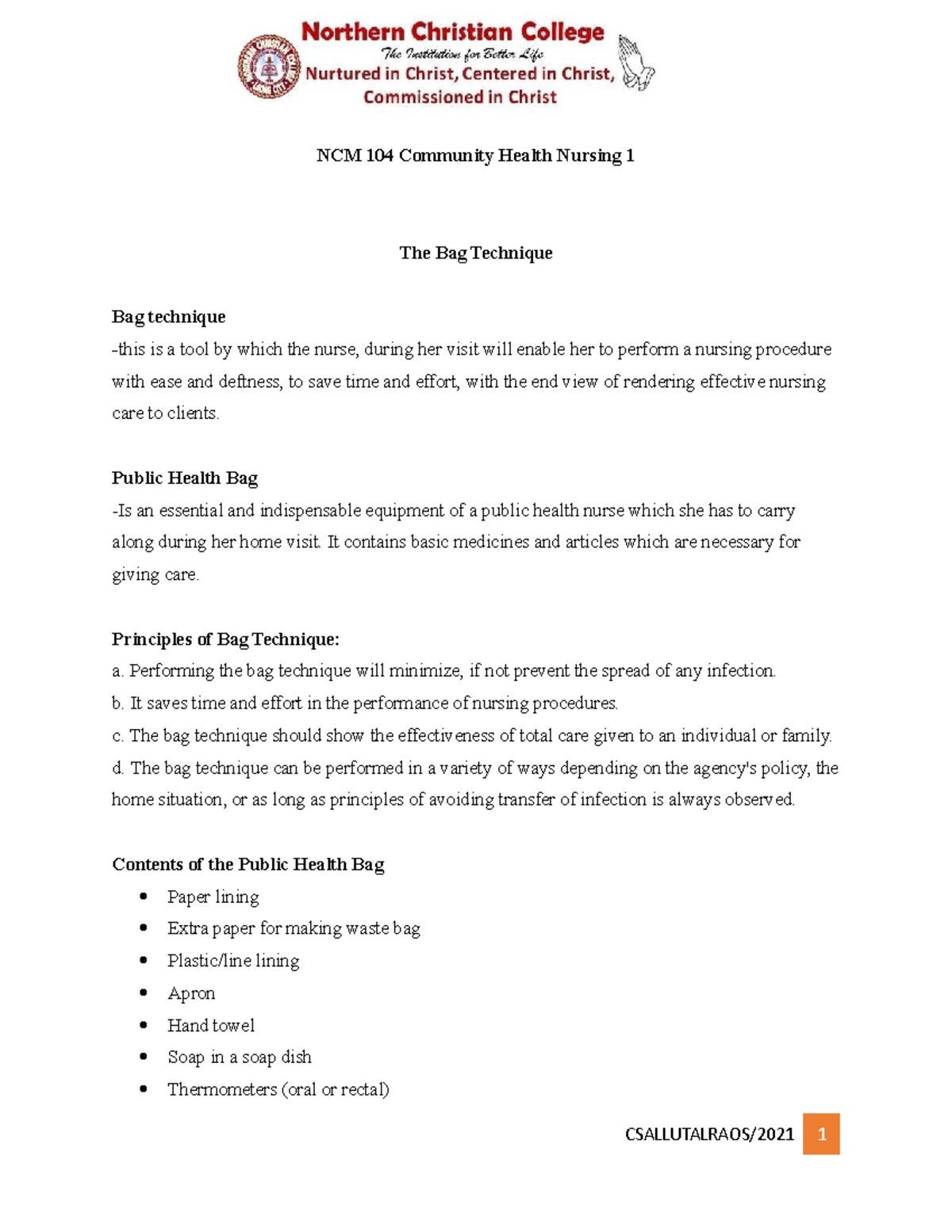 The Bag Technique its importqance and procedures - NCM 104 Community ...