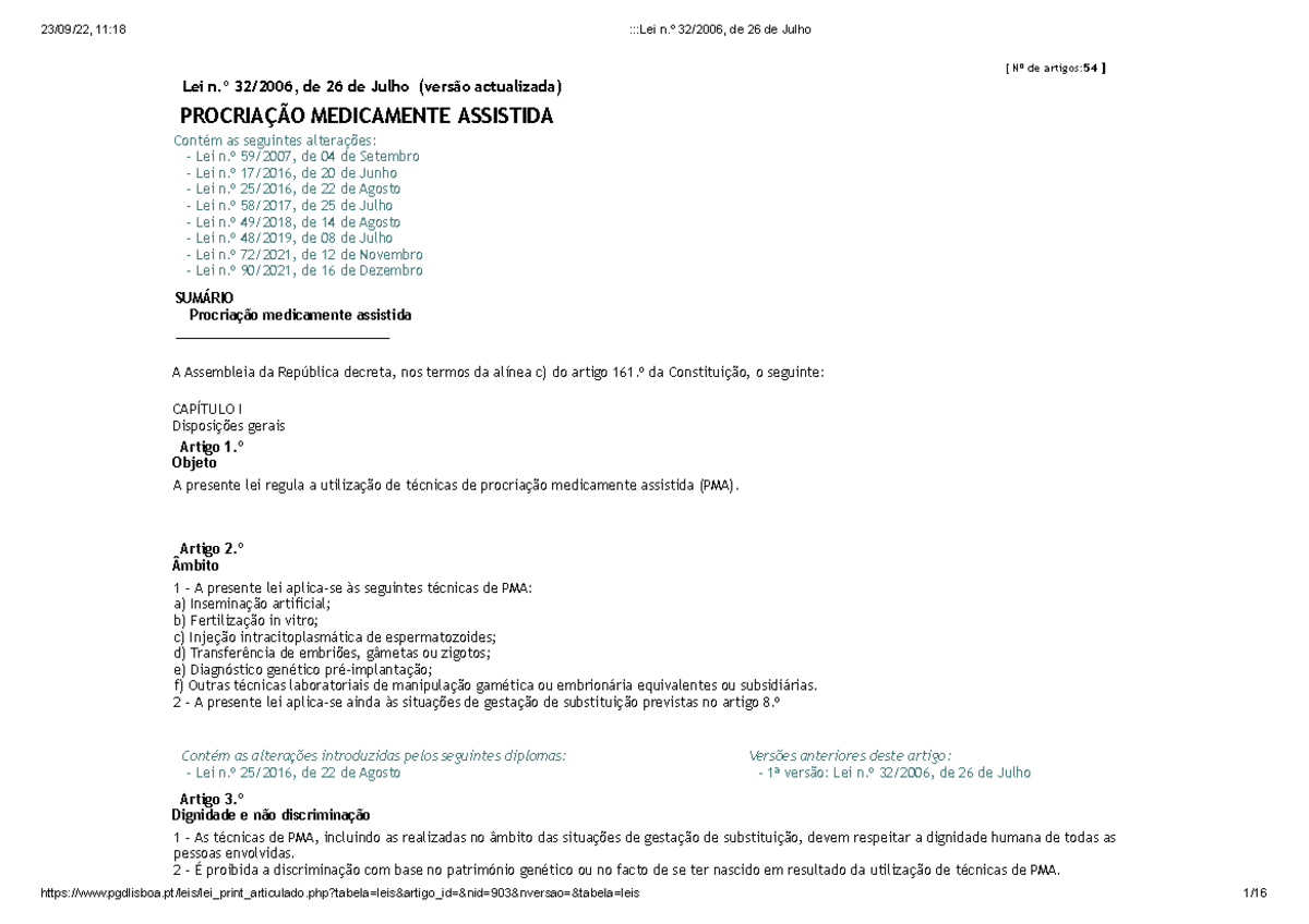 Lei Da PMA Lei N 32 2006 De 26 De Julho N De Artigos 54